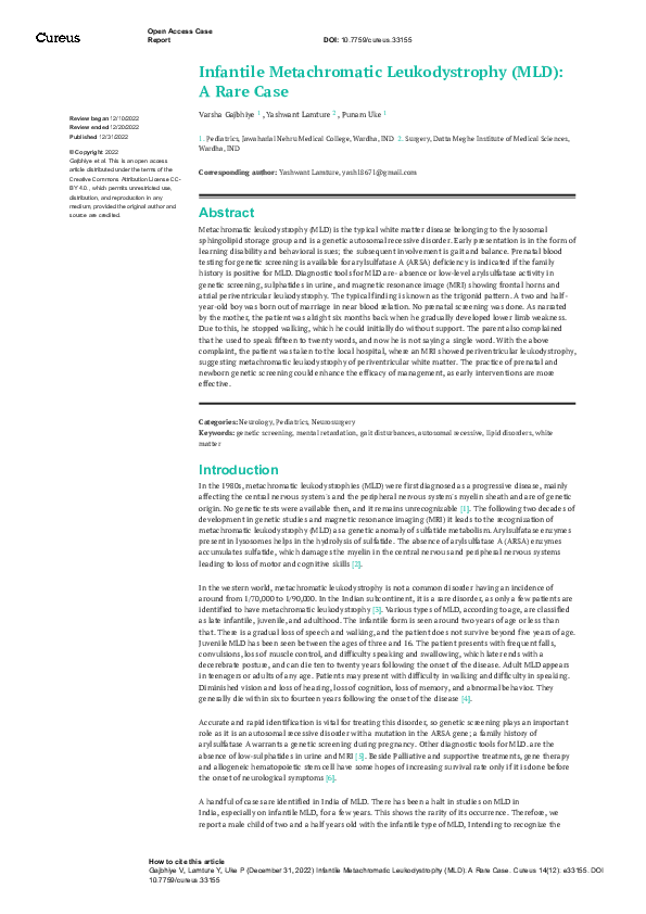 (PDF) Infantile Metachromatic Leukodystrophy (MLD): A Rare Case