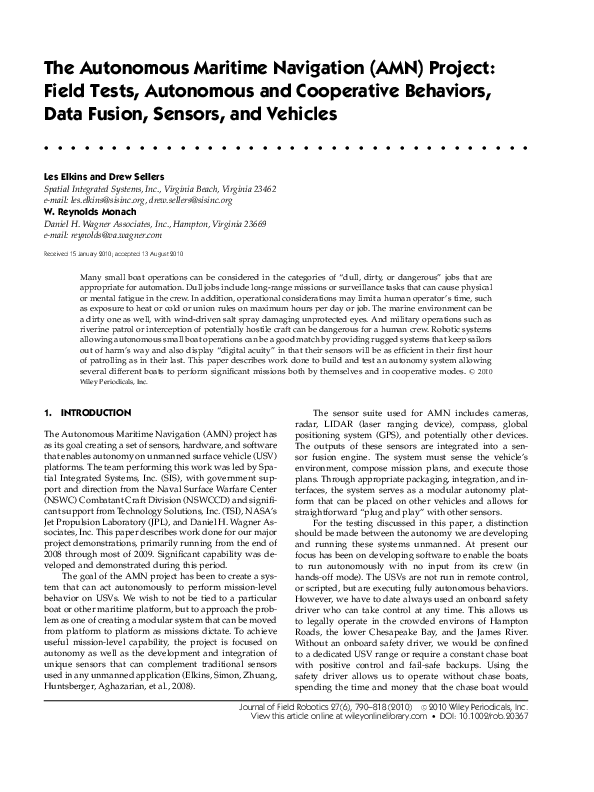 (PDF) The Autonomous Maritime Navigation (AMN) project: Field tests ...