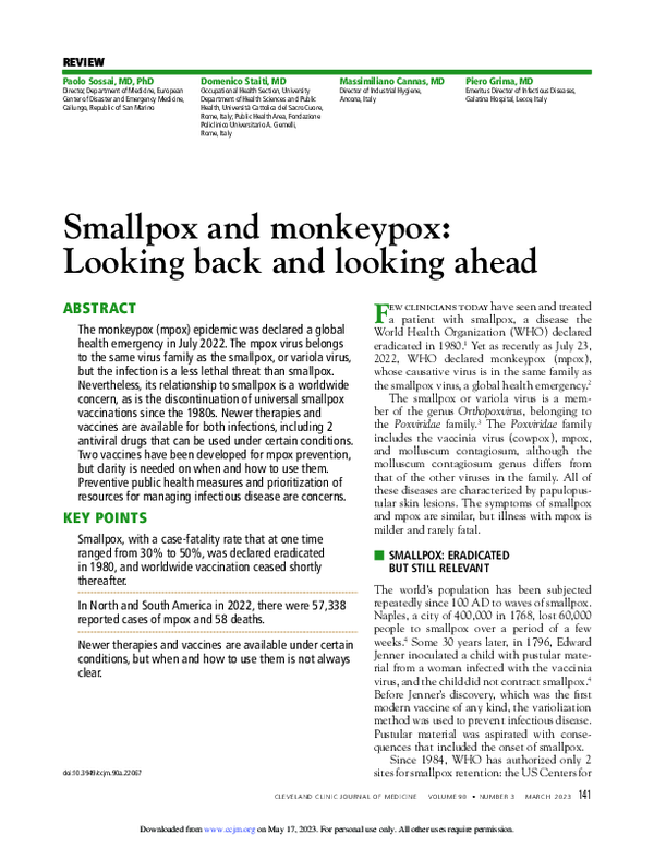 (PDF) Smallpox and monkeypox: Looking back and looking ahead