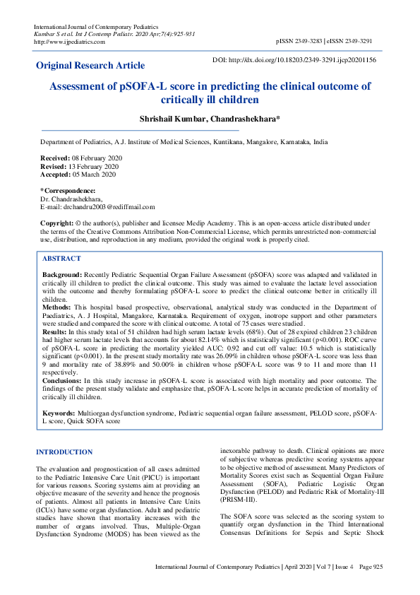 (PDF) Assessment of pSOFA-L score in predicting the clinical outcome of ...