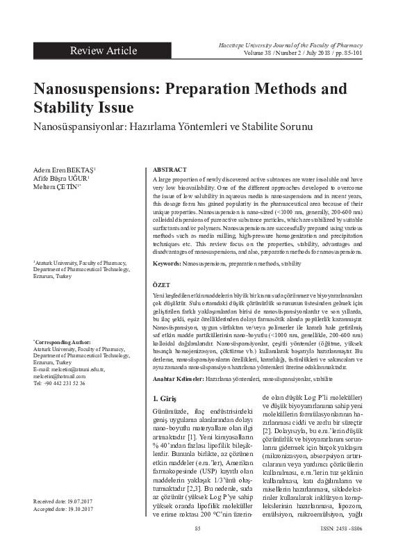 (PDF) Nanosuspensions: Preparation Methods and Stability Issue