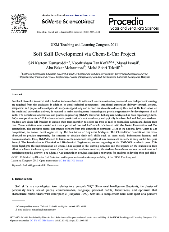 (PDF) Soft Skill Development Via Chem-E-Car Project