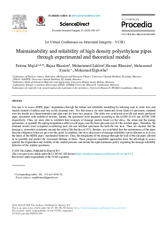 (PDF) Maintainability and reliability of high density polyethylene pipes through experimental ...