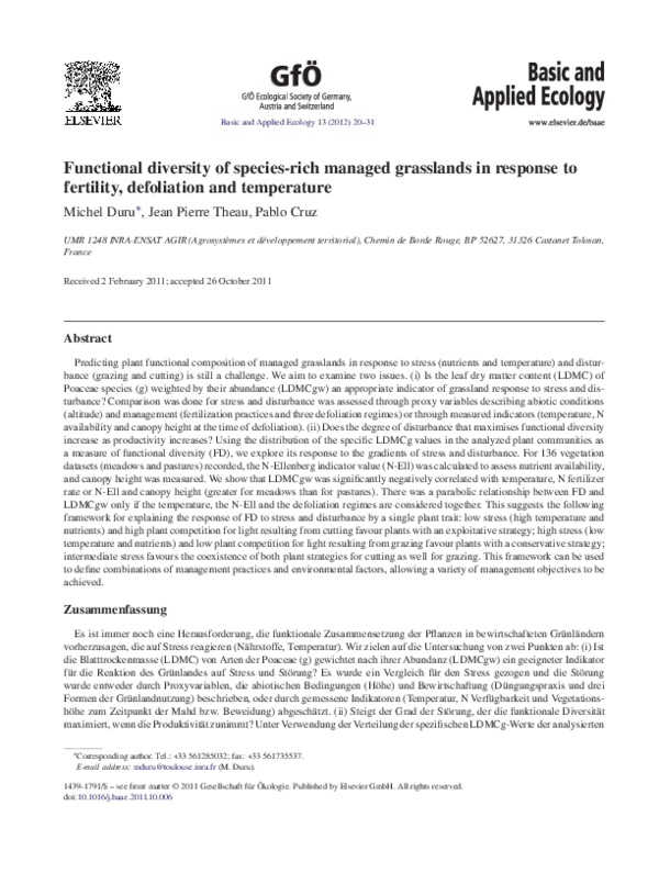 (PDF) Functional diversity of species-rich managed grasslands in response to fertility ...