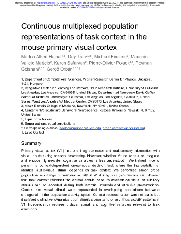 (PDF) Continuous multiplexed population representations of task context in the mouse primary ...