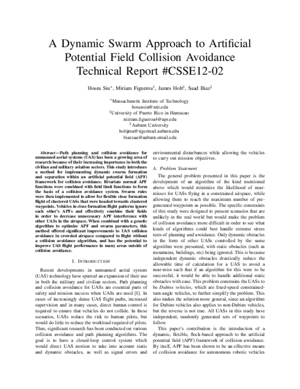 (PDF) A Dynamic Swarm Approach to Artificial Potential Field Collision Avoidance Technical ...