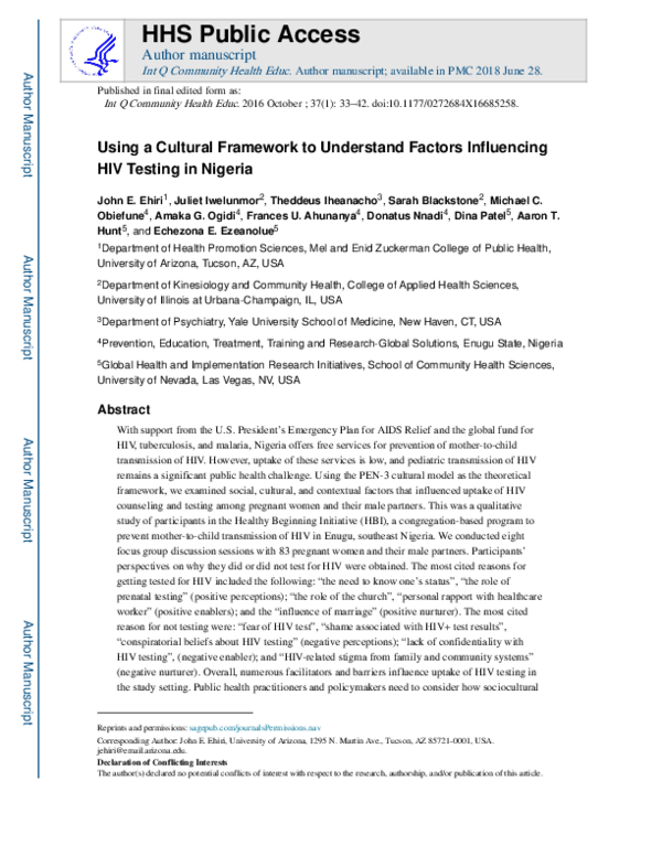 (PDF) Using a Cultural Framework to Understand Factors Influencing HIV ...