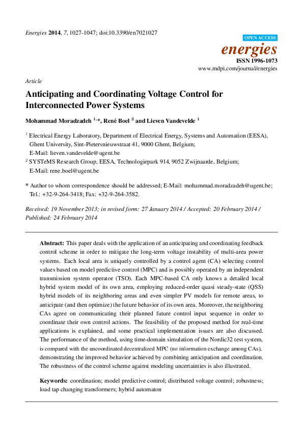 (PDF) Article Anticipating and Coordinating Voltage Control for Interconnected Power Systems