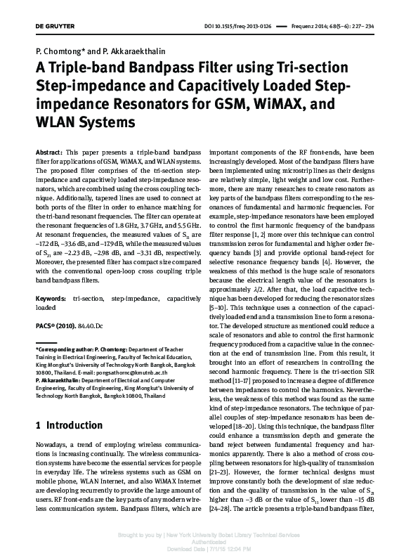 (PDF) A Triple-band Bandpass Filter using Tri-section Step-impedance and Capacitively Loaded ...