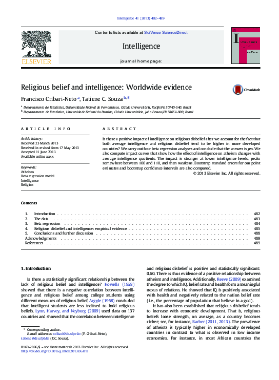(PDF) Religious belief and intelligence: Worldwide evidence