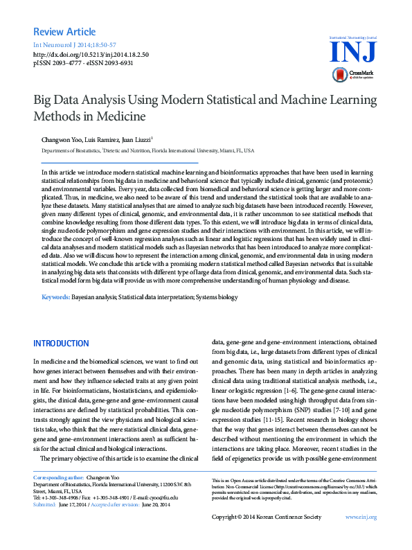 (PDF) Big Data Analysis Using Modern Statistical and Machine Learning Methods in Medicine