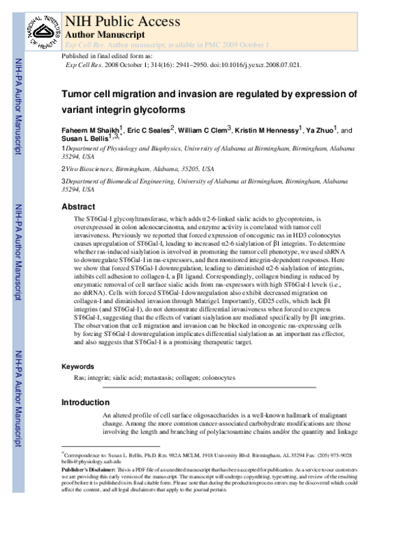 (PDF) Tumor cell migration and invasion are regulated by expression of ...