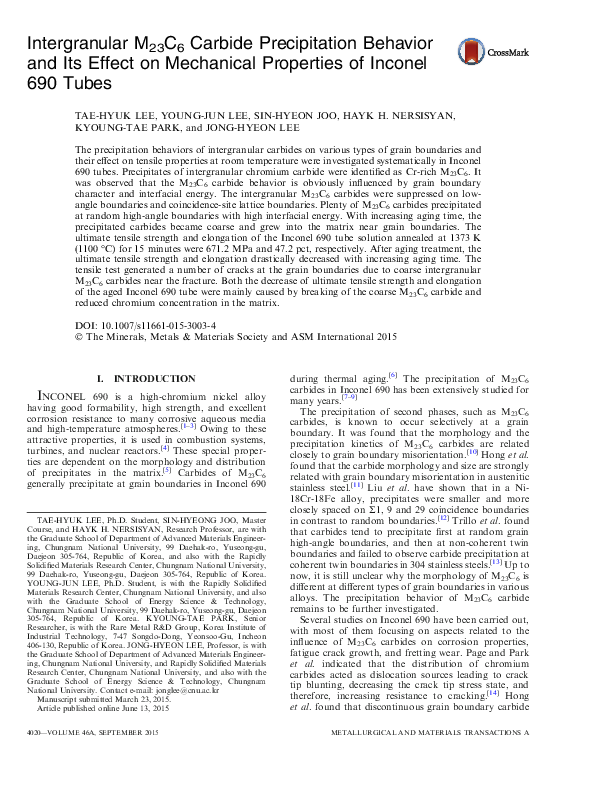 (PDF) Intergranular M23C6 Carbide Precipitation Behavior and Its Effect ...