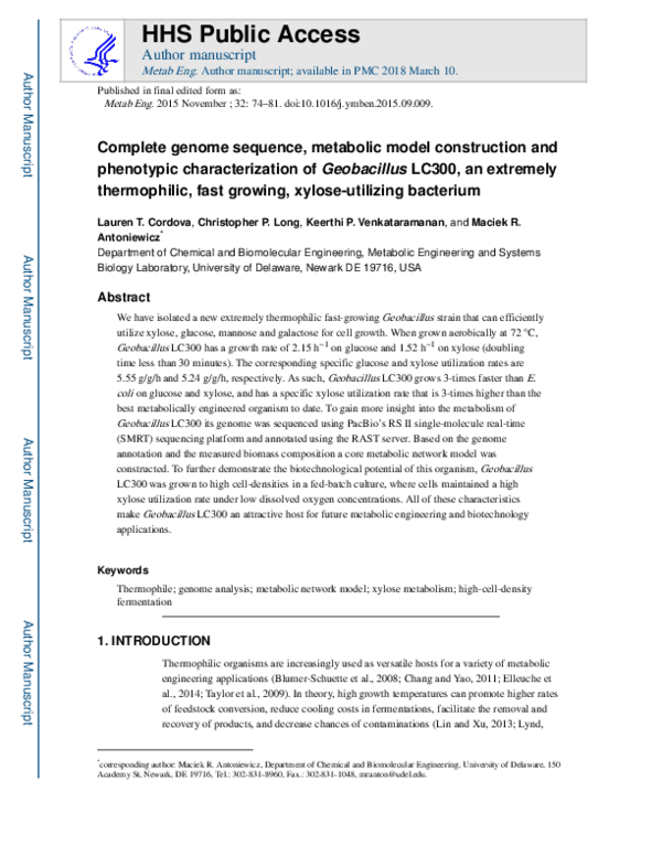(PDF) Complete genome sequence, metabolic model construction and ...