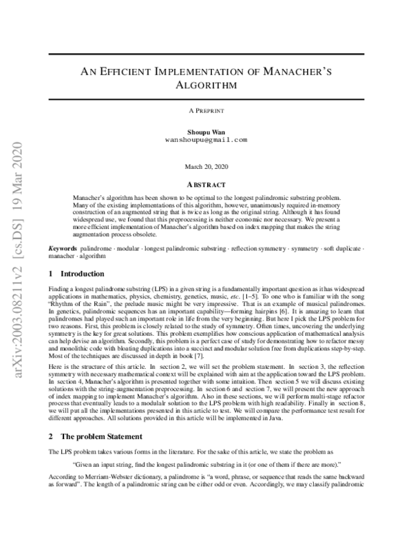 (PDF) An Efficient Implementation of Manacher's Algorithm