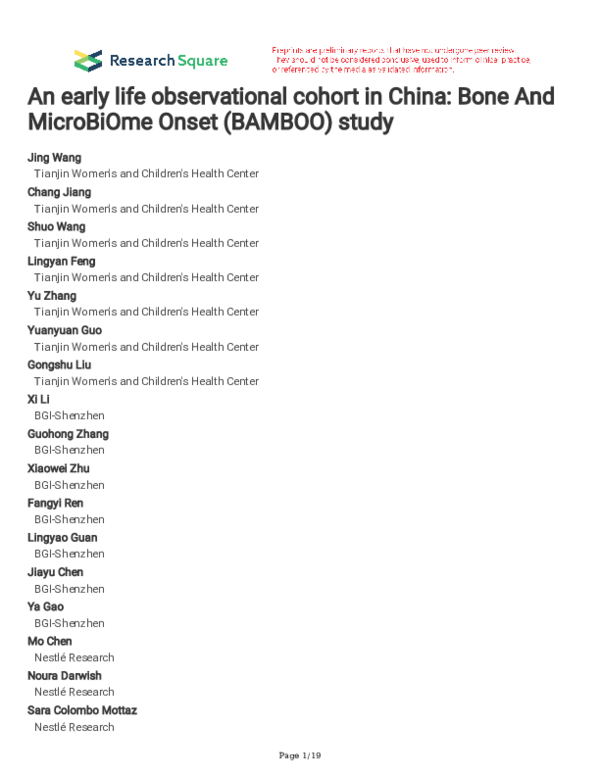 (PDF) An early life observational cohort in China: Bone And MicroBiOme ...