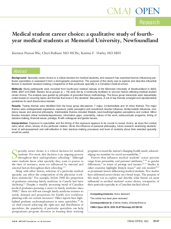 (PDF) Medical student career choice: a qualitative study of fourth-year ...