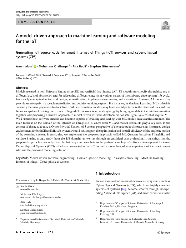 Pdf A Model Driven Approach To Machine Learning And Software Modeling For The Iot