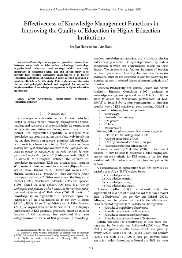 (PDF) Effectiveness of Knowledge Management Functions in Improving the ...