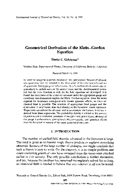 (PDF) Geometrical derivation of the Klein-Gordon equation