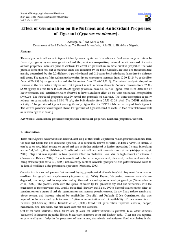 (PDF) Effect of Germination on the Nutrient and Antioxidant Properties of Tigernut (Cyperus ...