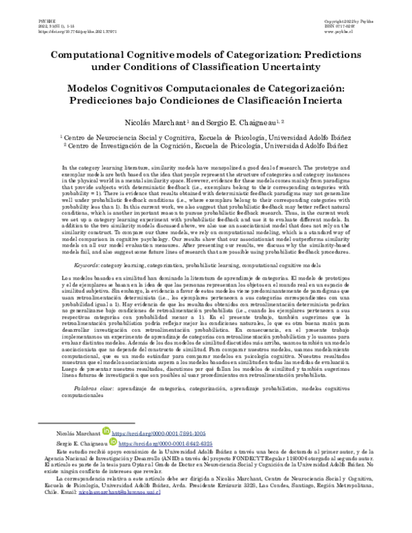 (PDF) Computational Cognitive models of Categorization: Predictions under Conditions of ...