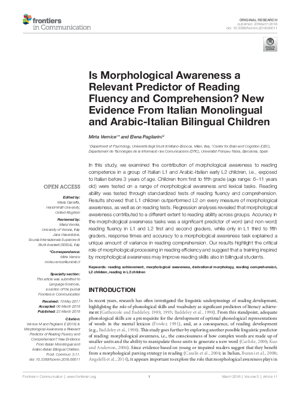 (PDF) Is Morphological Awareness a Relevant Predictor of Reading Fluency and Comprehension? New ...