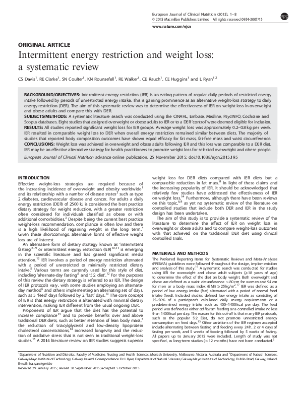 (PDF) Intermittent energy restriction and weight loss: a systematic review
