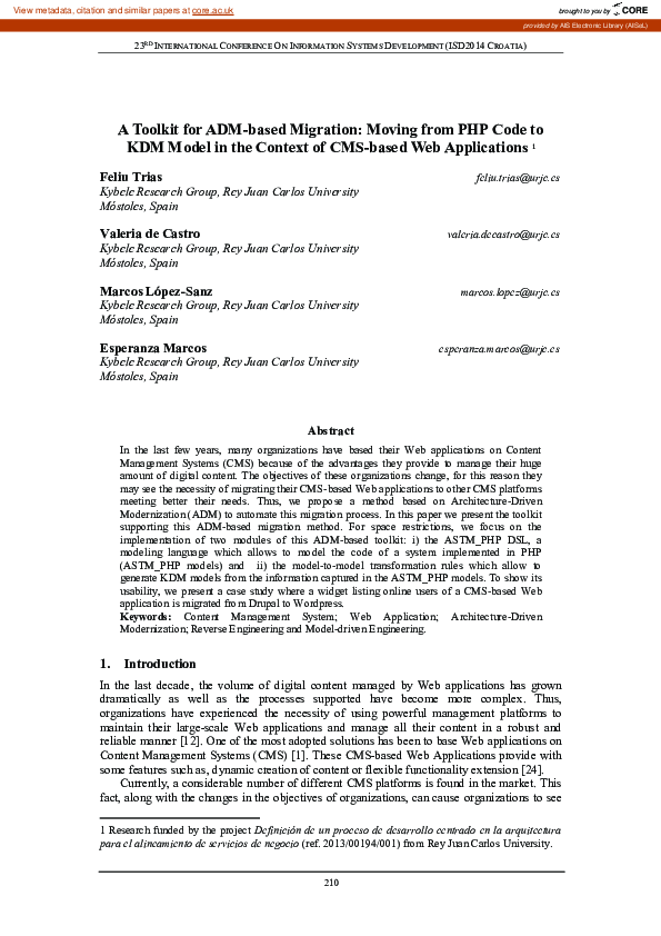 Pdf A Toolkit For Adm Based Migration Moving From Php Code To Kdm Model In The Context Of Cms
