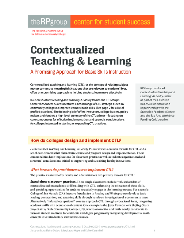 (PDF) Contextualized Teaching & Learning: A Promising Approach for Basic Skills Instruction