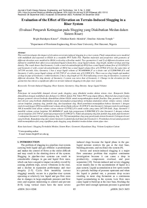 Pdf Evaluation Of The Effect Of Elevation On Terrain Induced Slugging In A Riser System