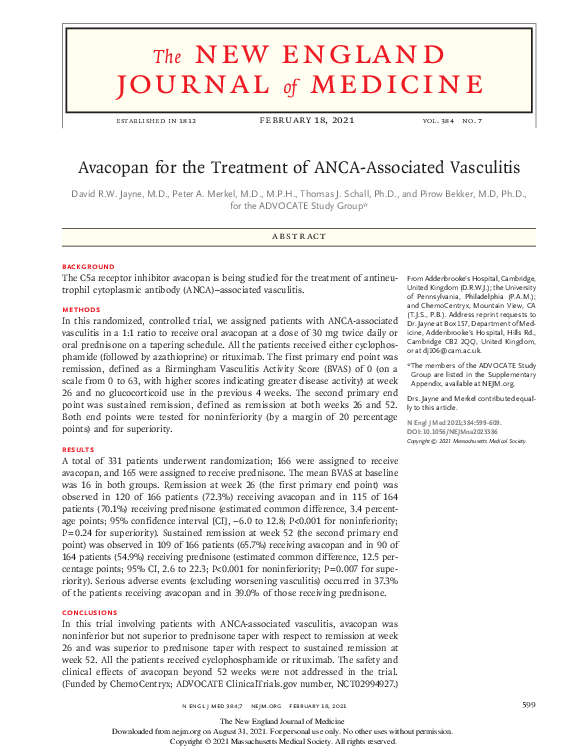 (PDF) Avacopan for the Treatment of ANCA-Associated Vasculitis | S ...