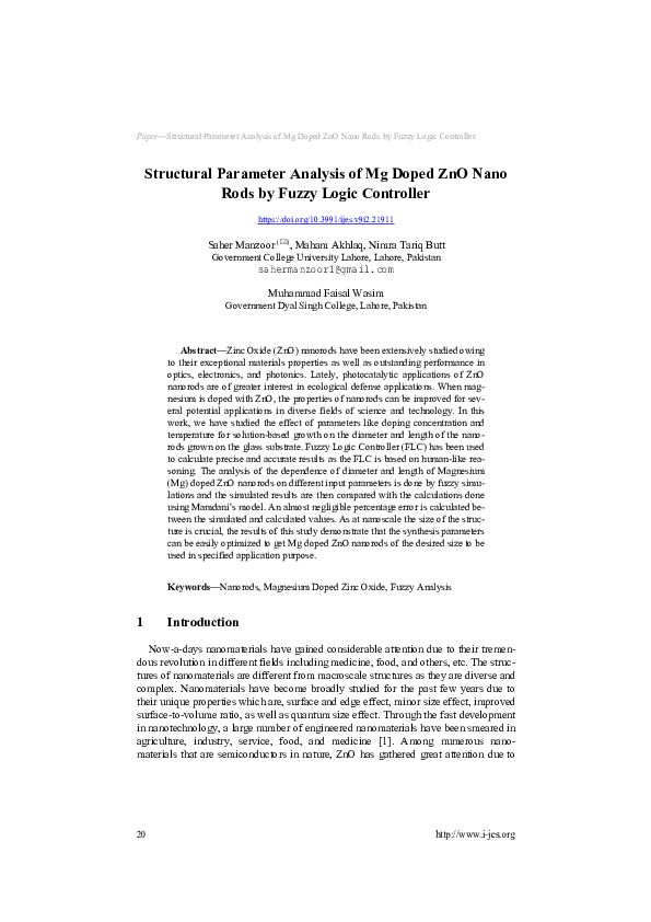 (PDF) Paper—Structural Parameter Analysis of Mg Doped ZnO Nano Rods by Fuzzy Logic Controller ...