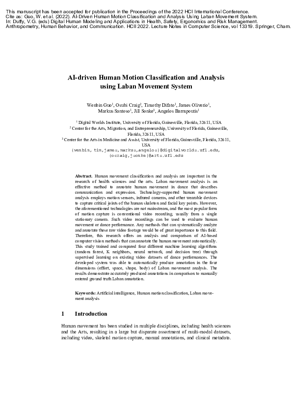 (PDF) AI-driven Human Motion Classification and Analysis using Laban Movement System