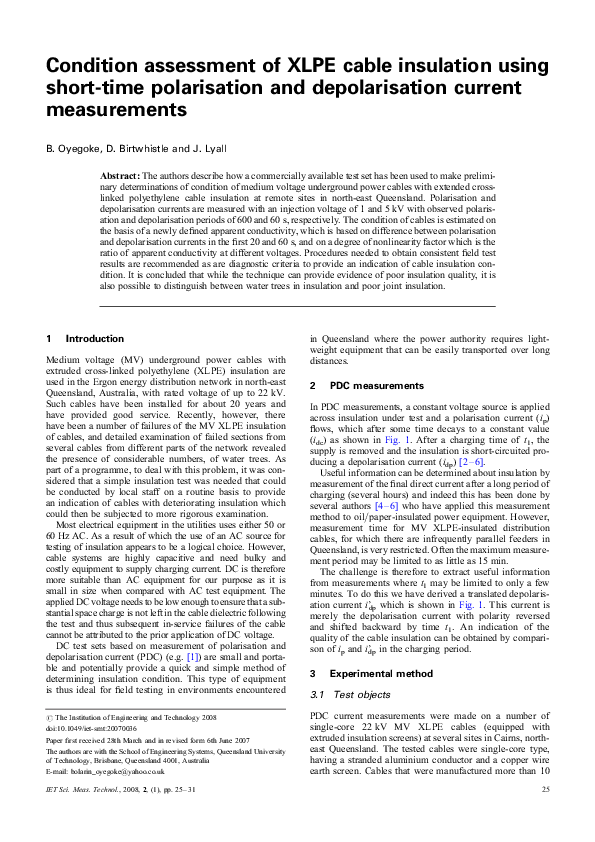 (PDF) Condition assessment of XLPE cable insulation using short-time ...