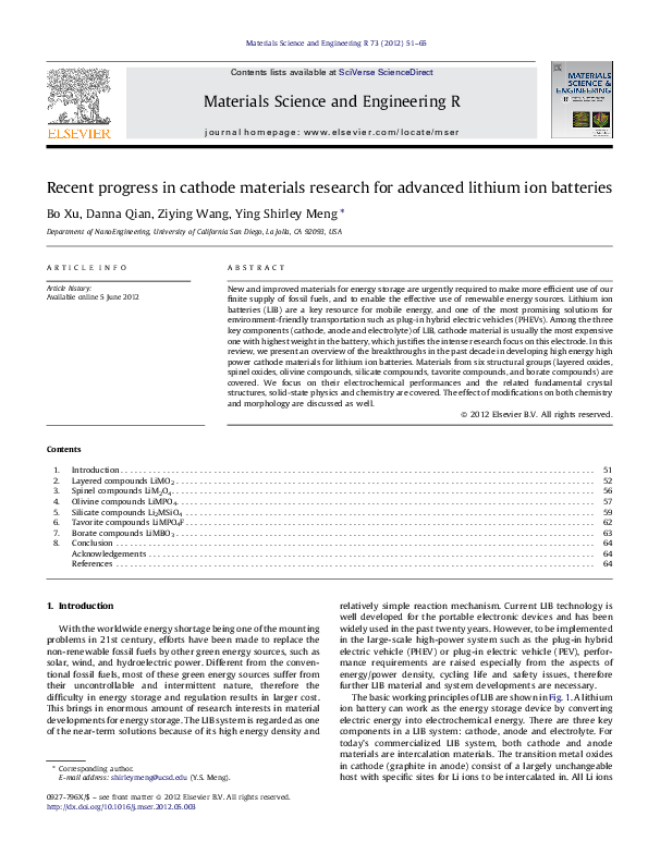 (PDF) Recent progress in cathode materials research for advanced lithium ion batteries