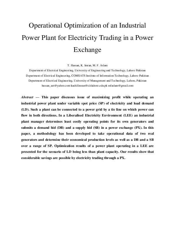 (PDF) Operational optimization of an industrial power plant for ...