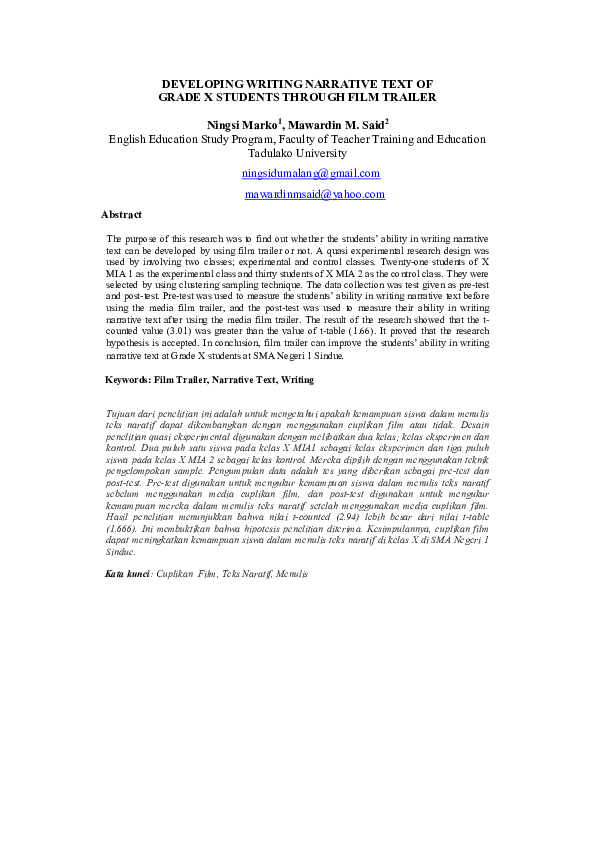 (PDF) Developing Writing Narrative Text of Grade X Students Through Film Trailer