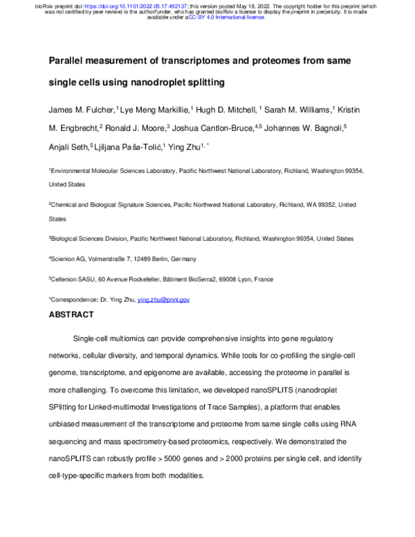 (PDF) Parallel measurement of transcriptomes and proteomes from same single cells using ...