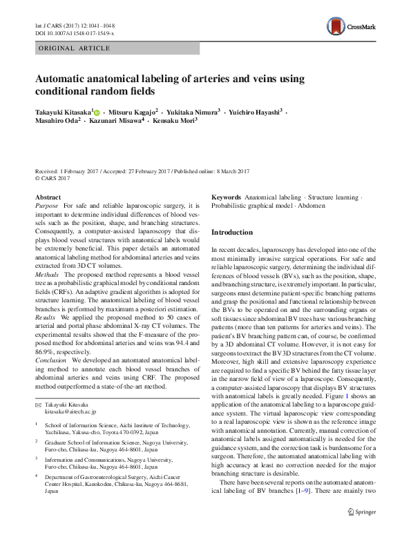 (PDF) Automatic anatomical labeling of arteries and veins using conditional random fields