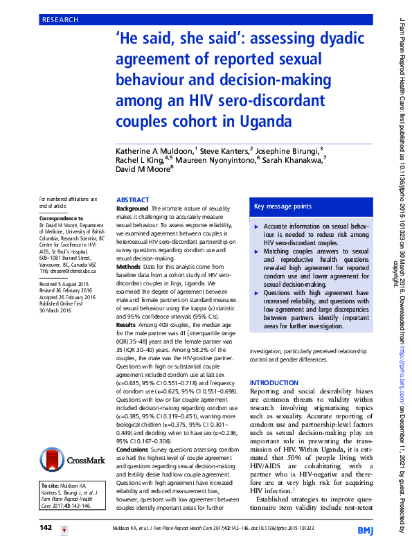 (PDF) He said, she said': assessing dyadic agreement of reported sexual behaviour and decision ...