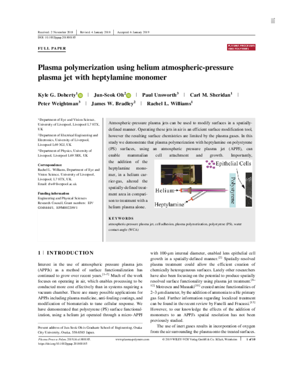 (PDF) Plasma polymerization using helium atmospheric‐pressure plasma ...