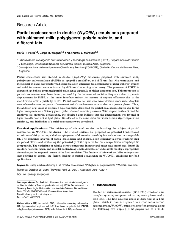 (PDF) Partial coalescence in double (W 1 /O/W 2 ) emulsions prepared ...