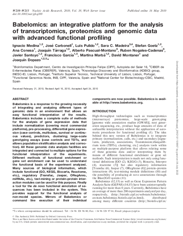 (PDF) Babelomics: an integrative platform for the analysis of transcriptomics, proteomics and ...