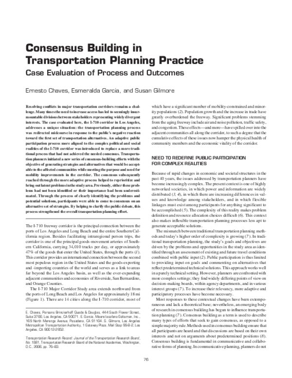 (PDF) Consensus Building in Transportation Planning Practice: Case ...