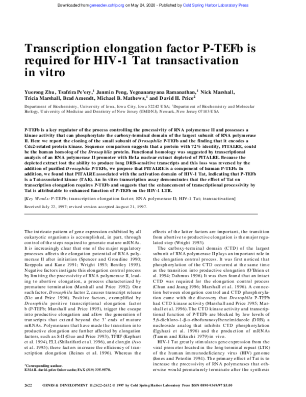 (PDF) Transcription elongation factor P-TEFb is required for HIV-1 Tat ...
