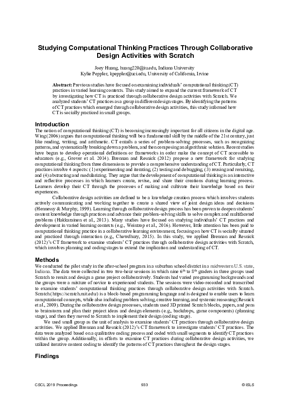 (PDF) Studying Computational Thinking Practices Through Collaborative Design Activities with Scratch
