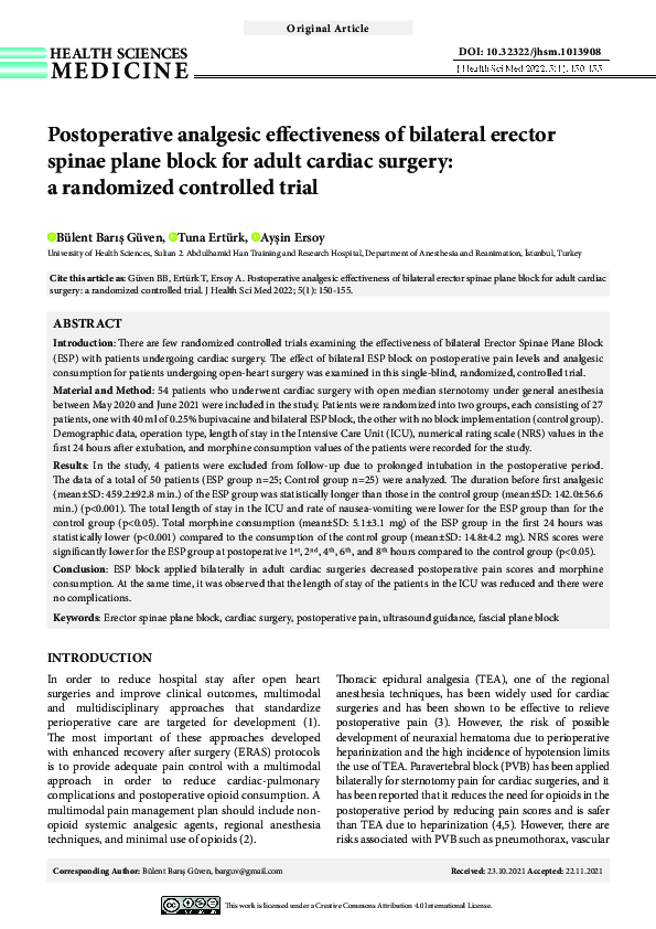 (PDF) Postoperative analgesic effectiveness of bilateral erector spinae plane block for adult ...