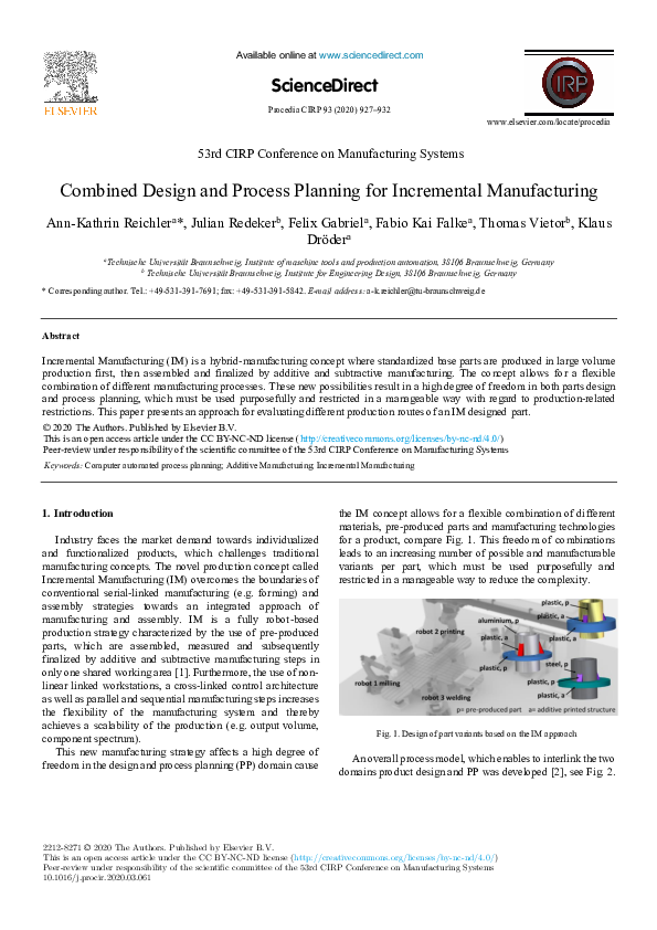 (PDF) Combined Design and Process Planning for Incremental Manufacturing