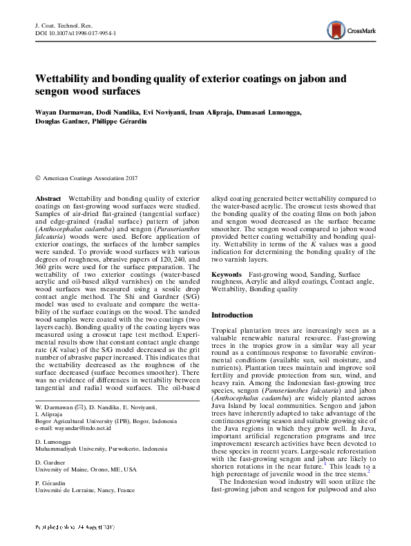 (PDF) Wettability and bonding quality of exterior coatings on jabon and sengon wood surfaces